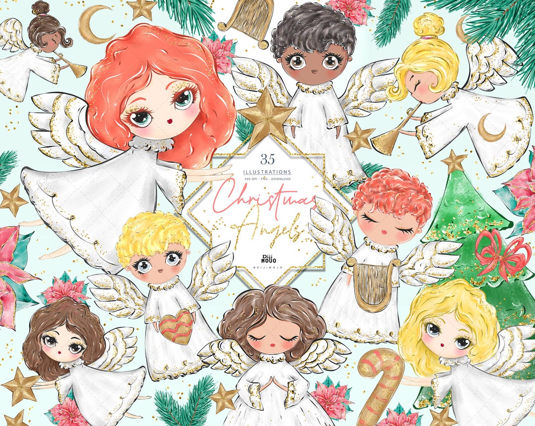 Christmas Angels Clipart, Cute Little Angel PNG, Black, Blonde, Brown ...