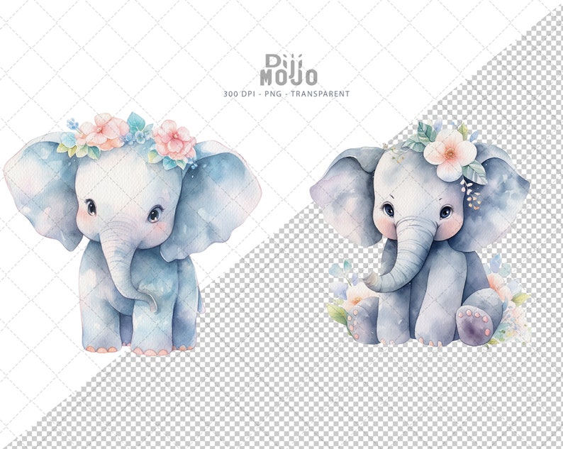 Boho Baby Elephant Clipart Floral Crown Watercolor Nursery - Etsy