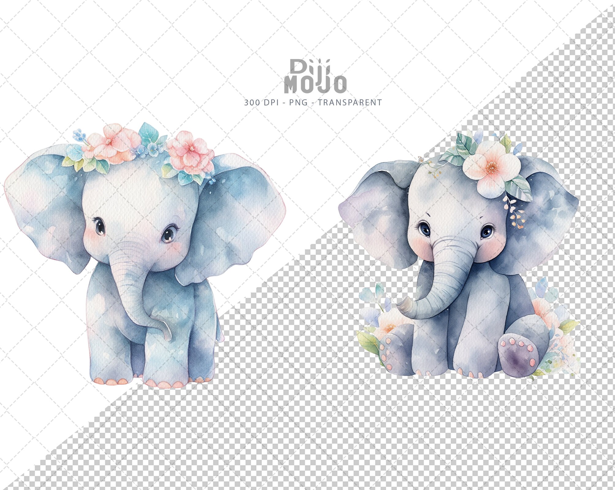 Boho Baby Elephant Clipart Floral Crown Watercolor Nursery - Etsy