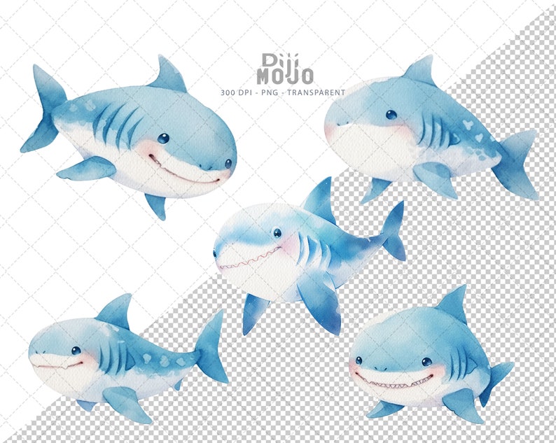 Cute Watercolor Shark Clipart Ocean Cute Sea Animals Baby - Etsy