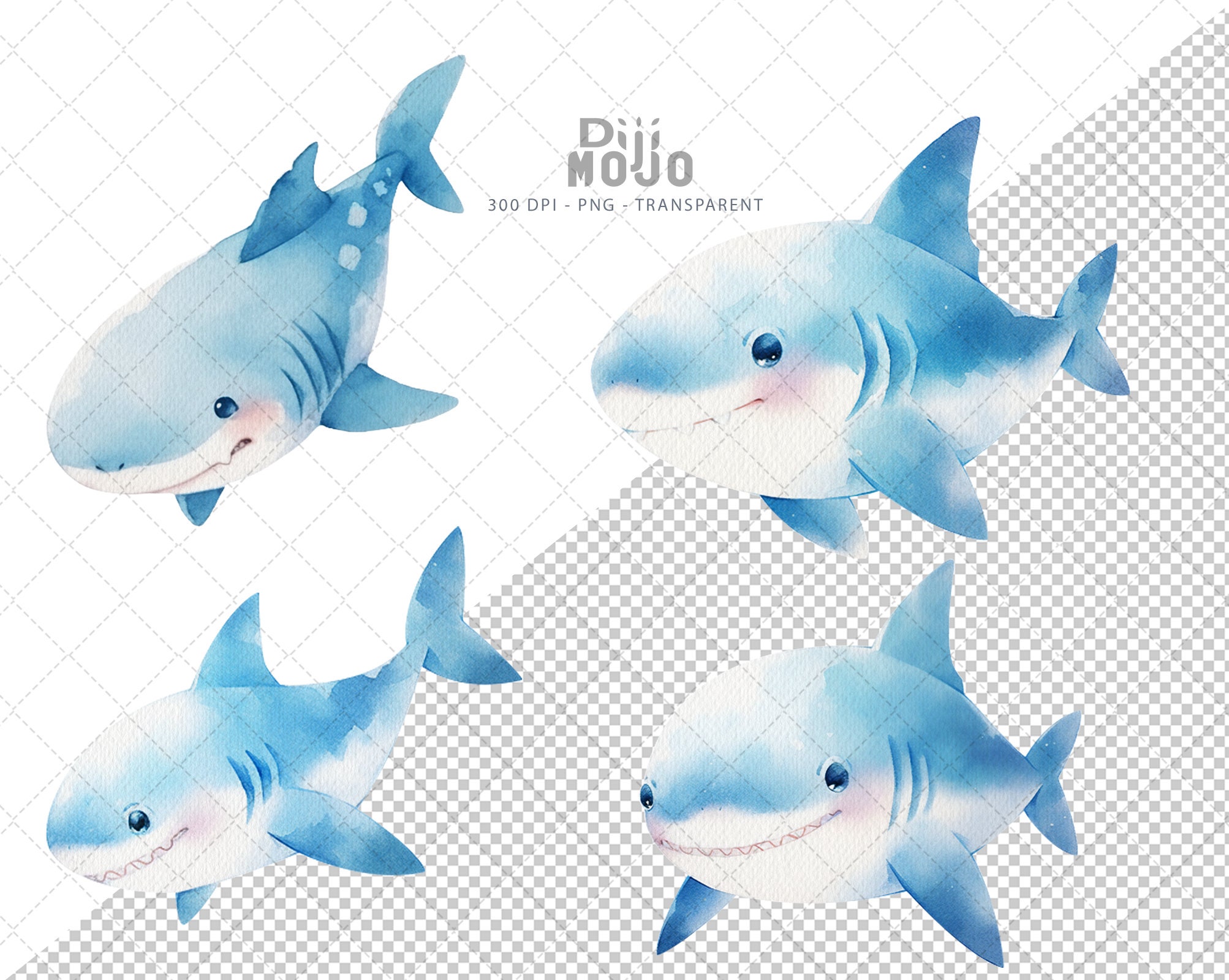 Cute Watercolor Shark Clipart Ocean Cute Sea Animals Baby - Etsy