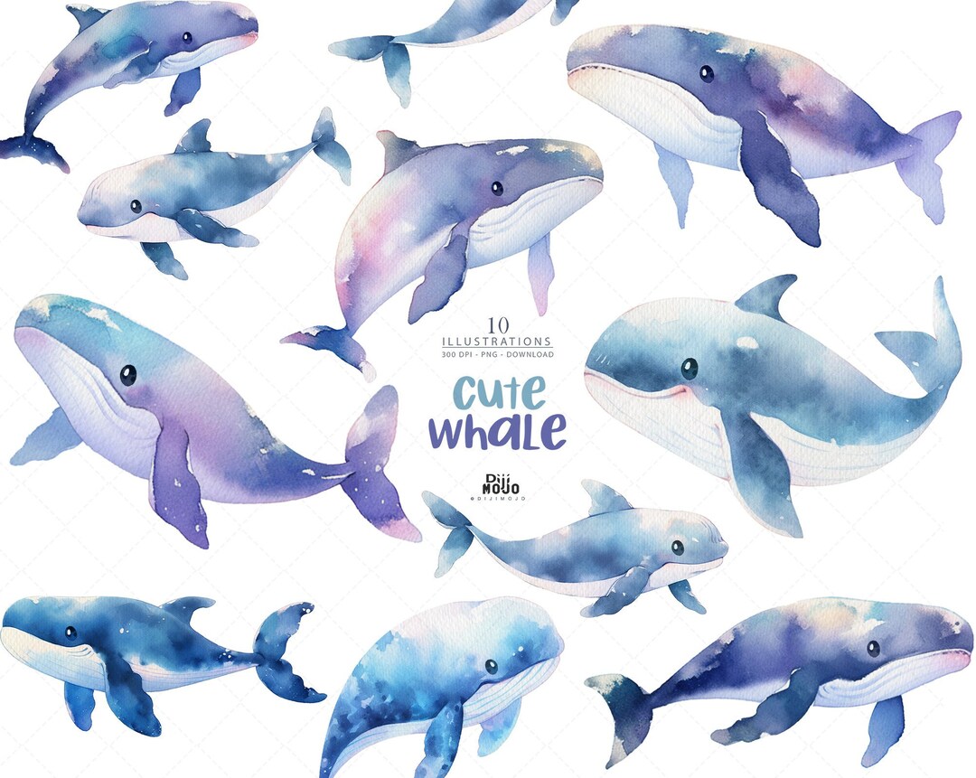 Cute Whale Watercolor Clipart, Ocean, Underwater, Cute Sea Animals ...