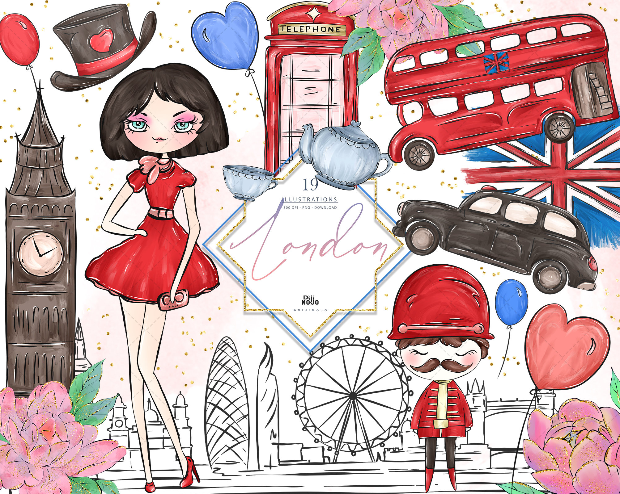 London Clipart Uk Fashion Girl England Planner Stickers - Etsy