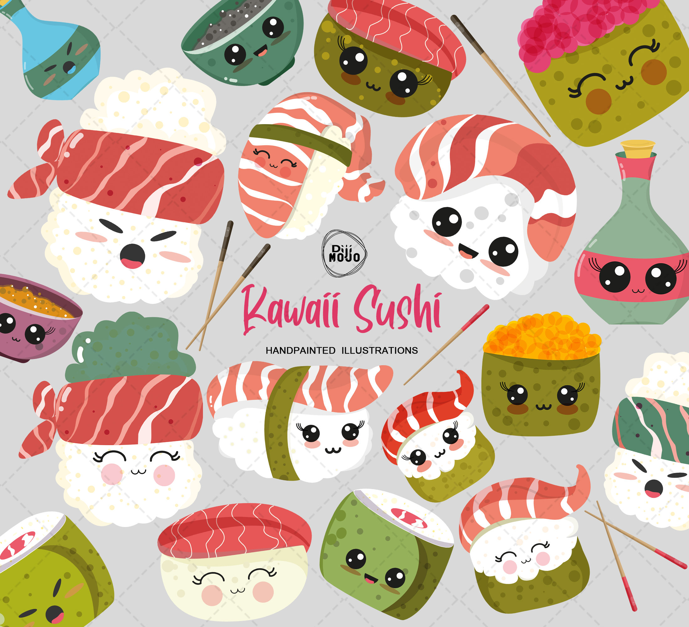 Kawaii Sushi Clipart Set Food Clipart Japanese Food - Etsy