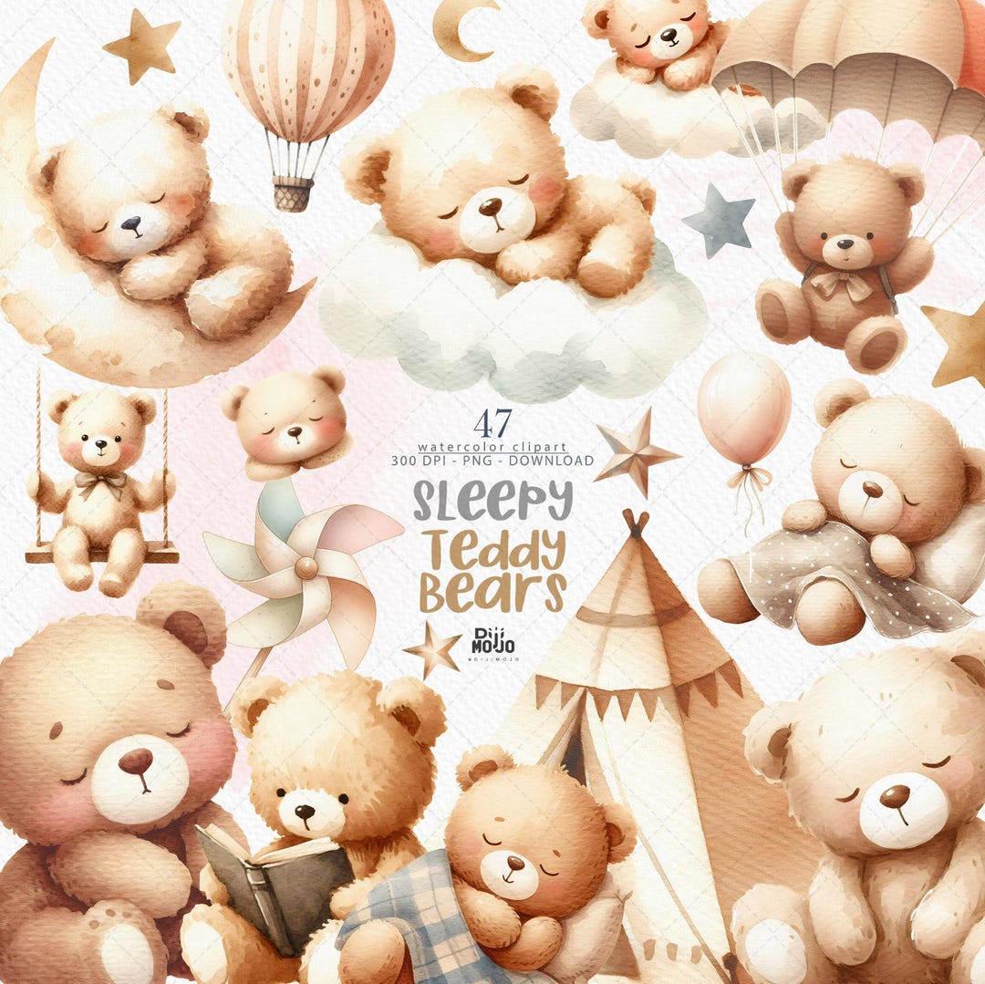 Sleepy Teddy Bear Watercolor Clipart | Cute Nursery Animal Art | Baby ...