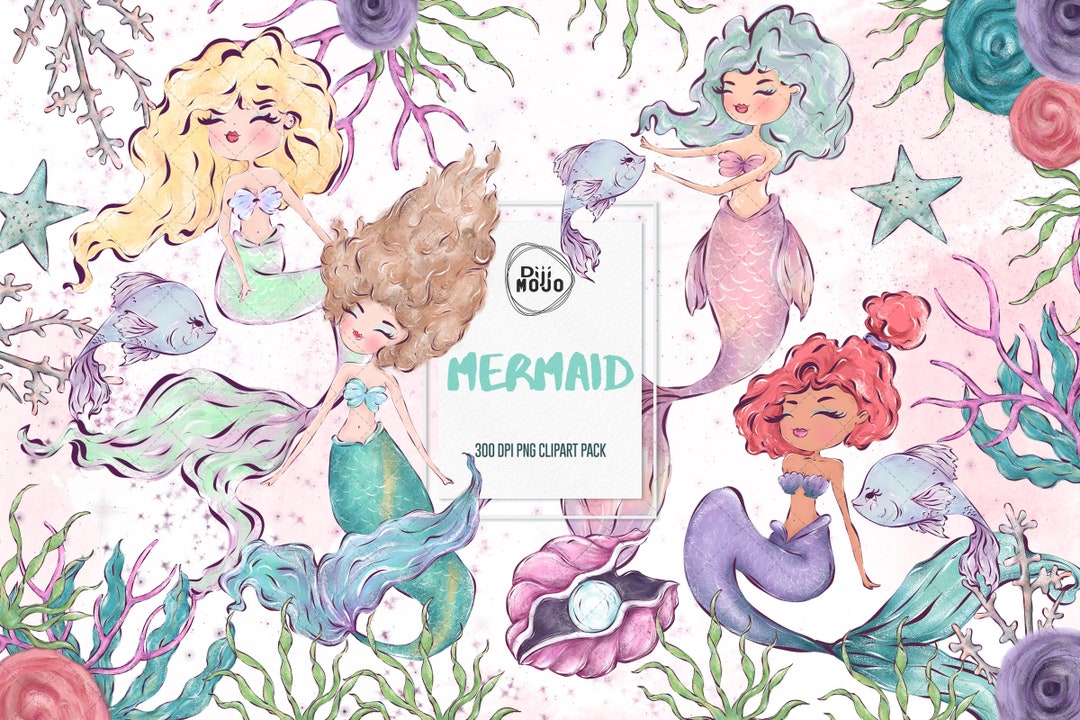 Pastel Mermaid Clipart PNG, Underwater Cute Kids Stickers, Instant ...