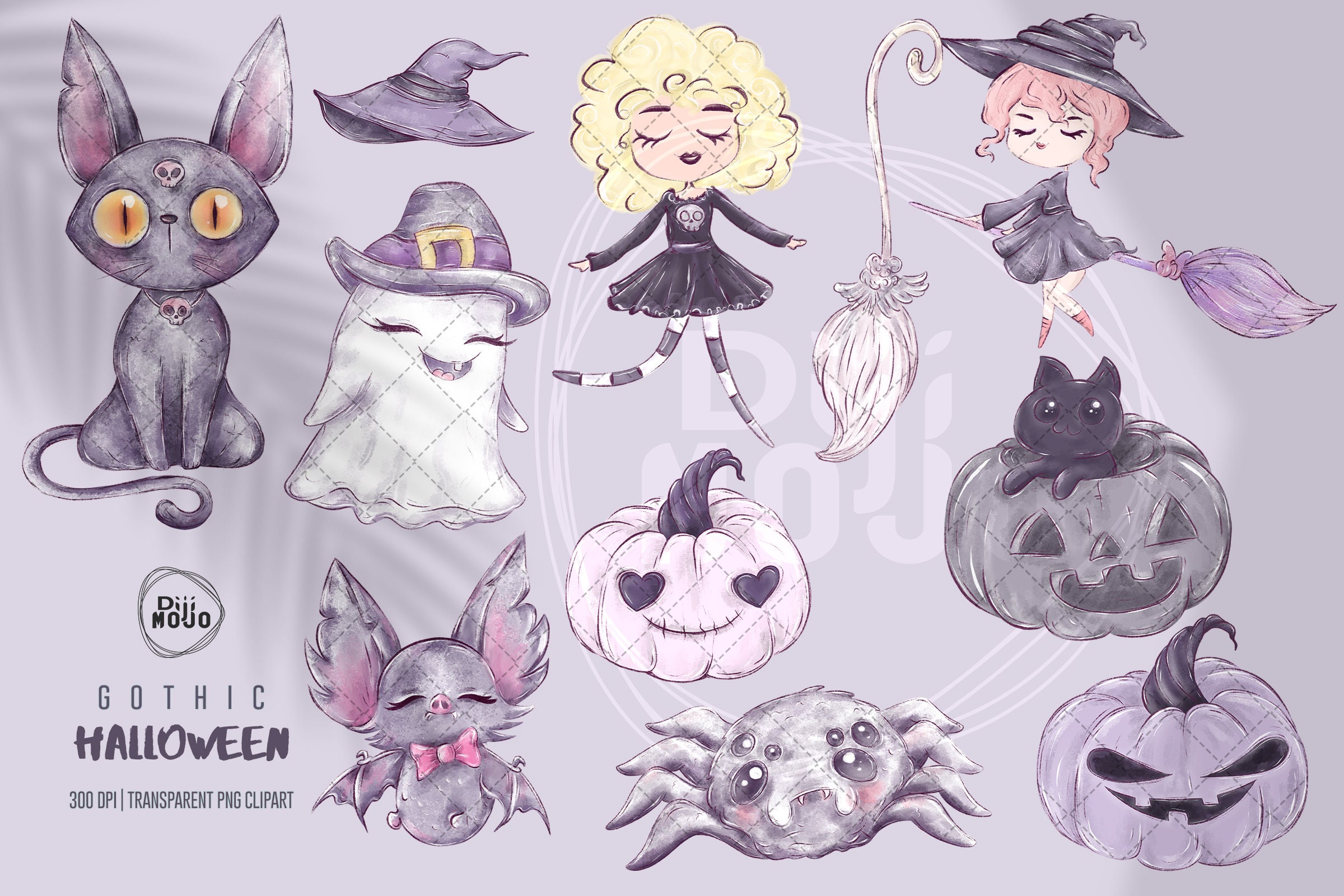 Gothic Halloween Clipart Witch Black Cat Scarry Pumpkins - Etsy