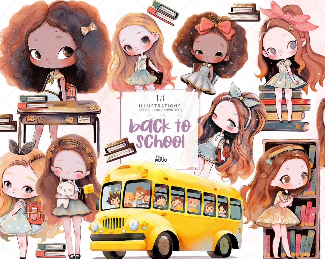 Back to School Clipart Pack, School Bus, Book, Chibi Girls, Instant ...
