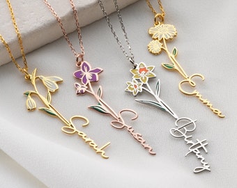 Colorful 14k Gold Birth Flower Name Necklace Name With Flower - Etsy