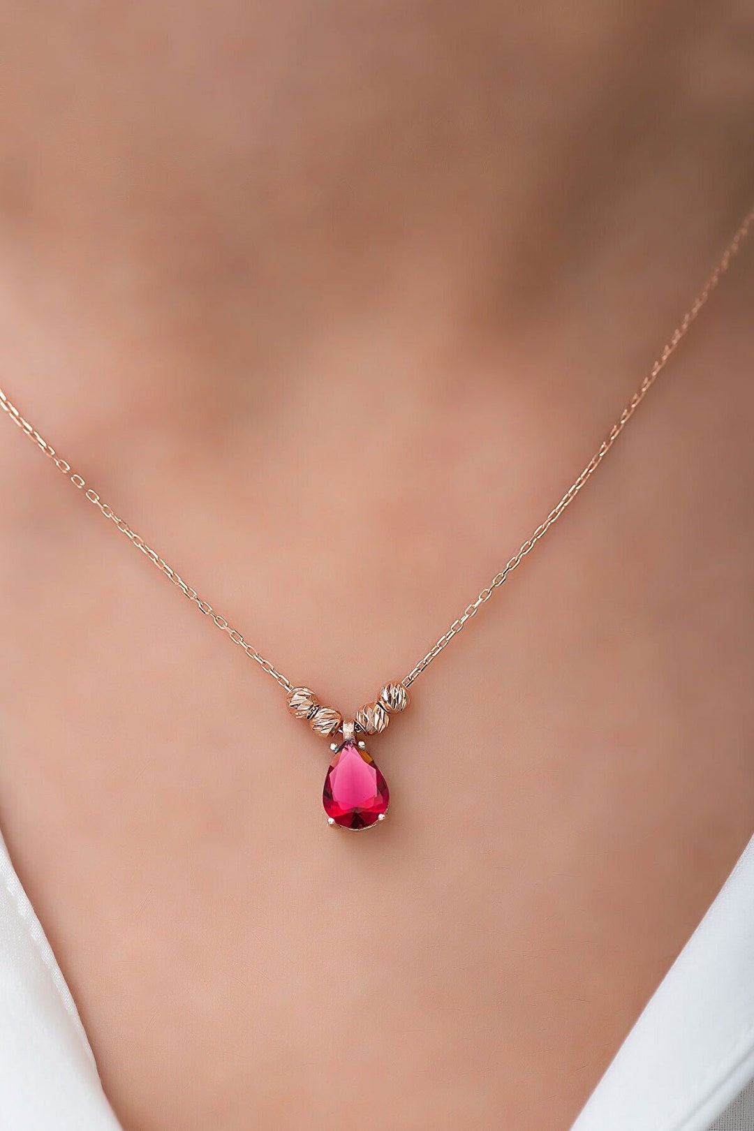 Rose Gold Ruby Drop Necklace, Natural Stone Necklace, Dainty Charm ...