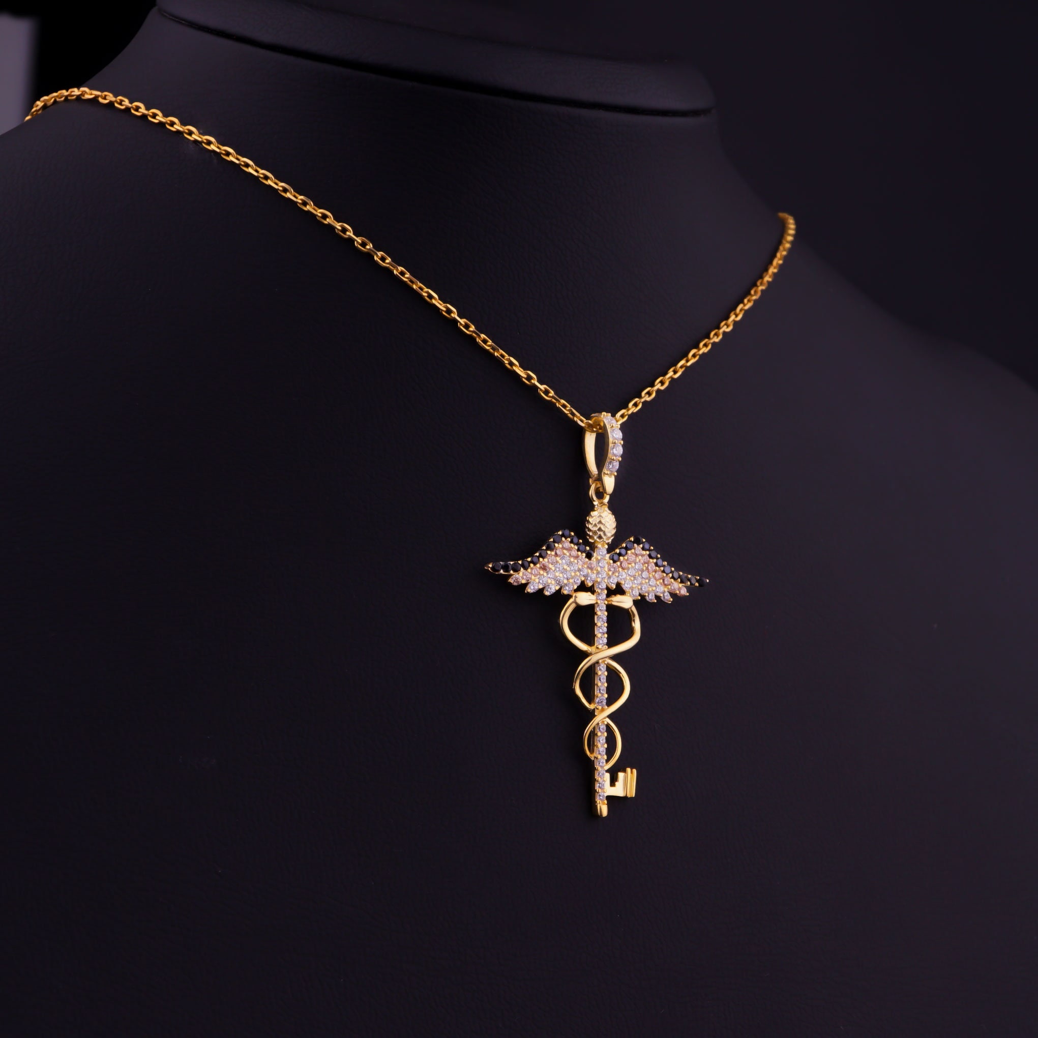 Caduceus Necklace Gold, Medical Symbol Necklace, Solid Gold Caduceus ...
