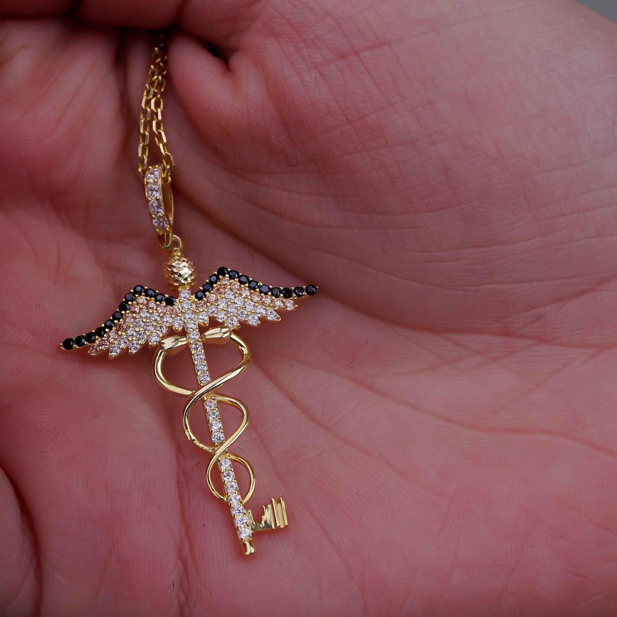 Caduceus Necklace Gold, Medical Symbol Necklace, Solid Gold Caduceus ...