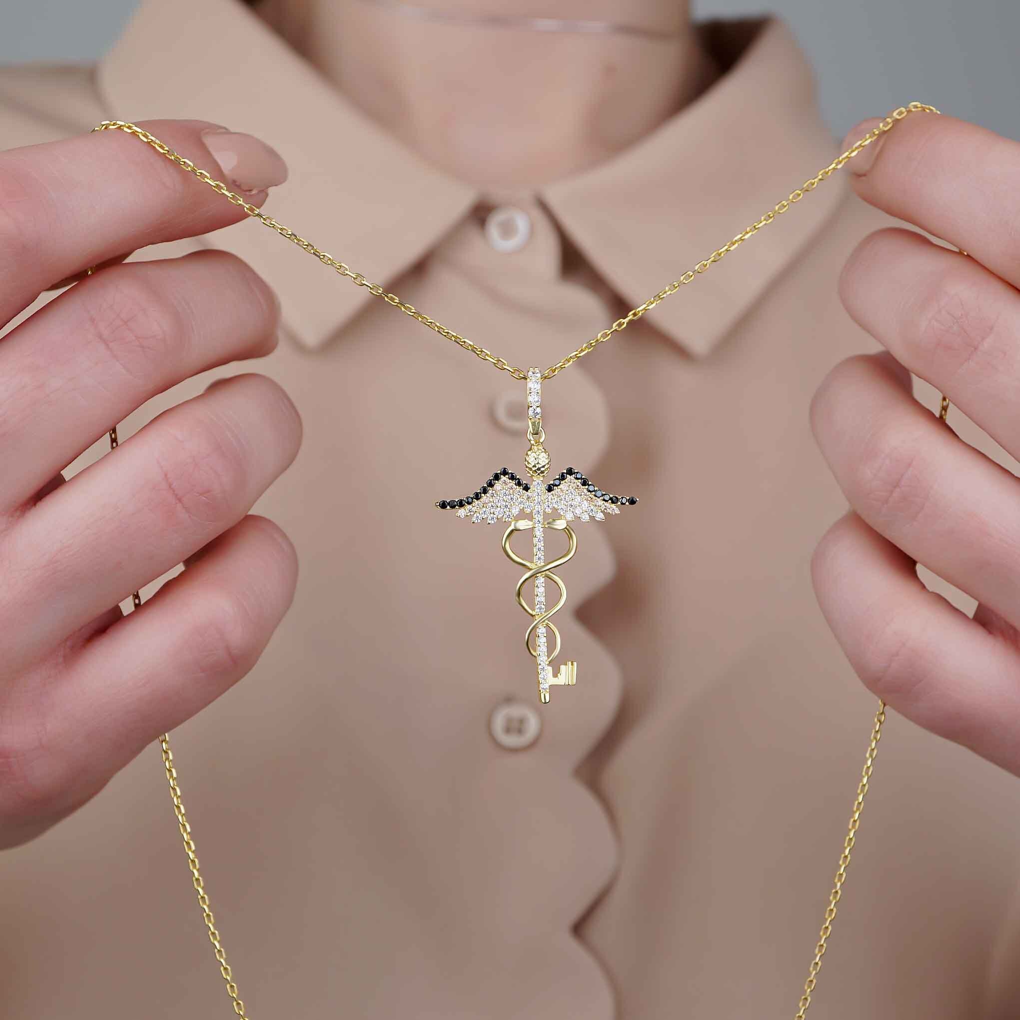 Caduceus Necklace Gold, Medical Symbol Necklace, Solid Gold Caduceus ...