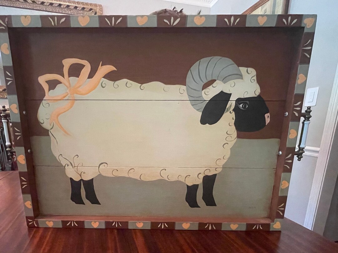 Vintage Wooden Slats Hand Painted Sheep/ram Tray With Handles ...