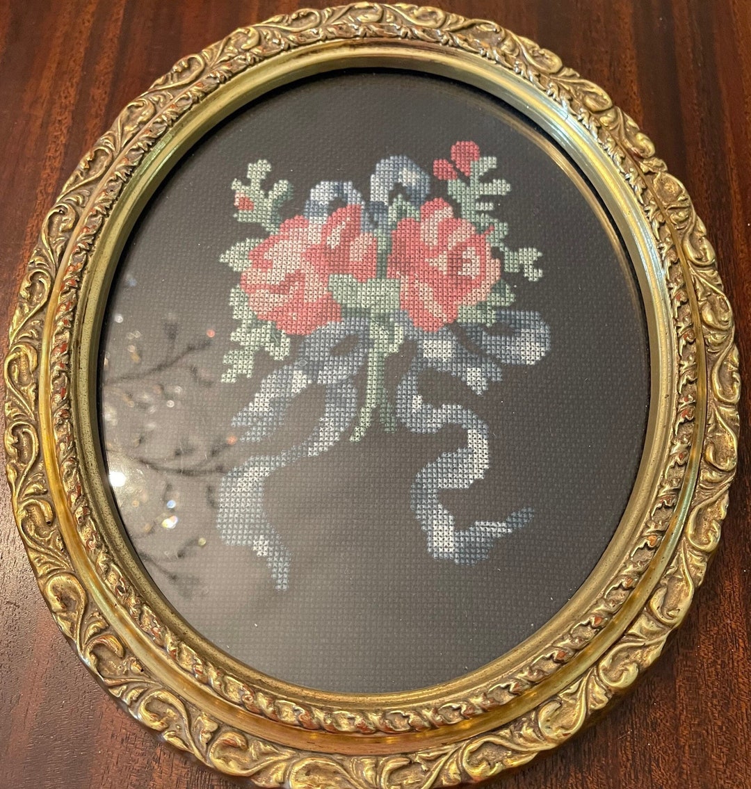 Vintage Antique Needlepoint Oval Ornate Shaped Frame With Roses ...