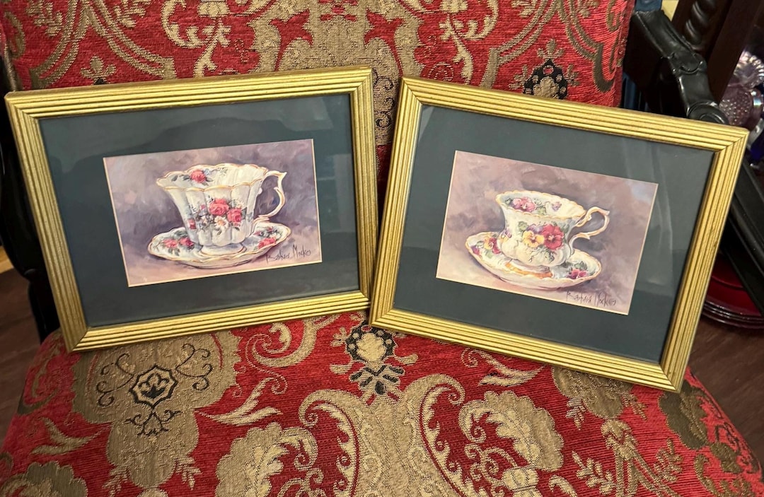 Barbara Mock Vintage Teacup Prints Set of -2- , (measurements in Photos ...