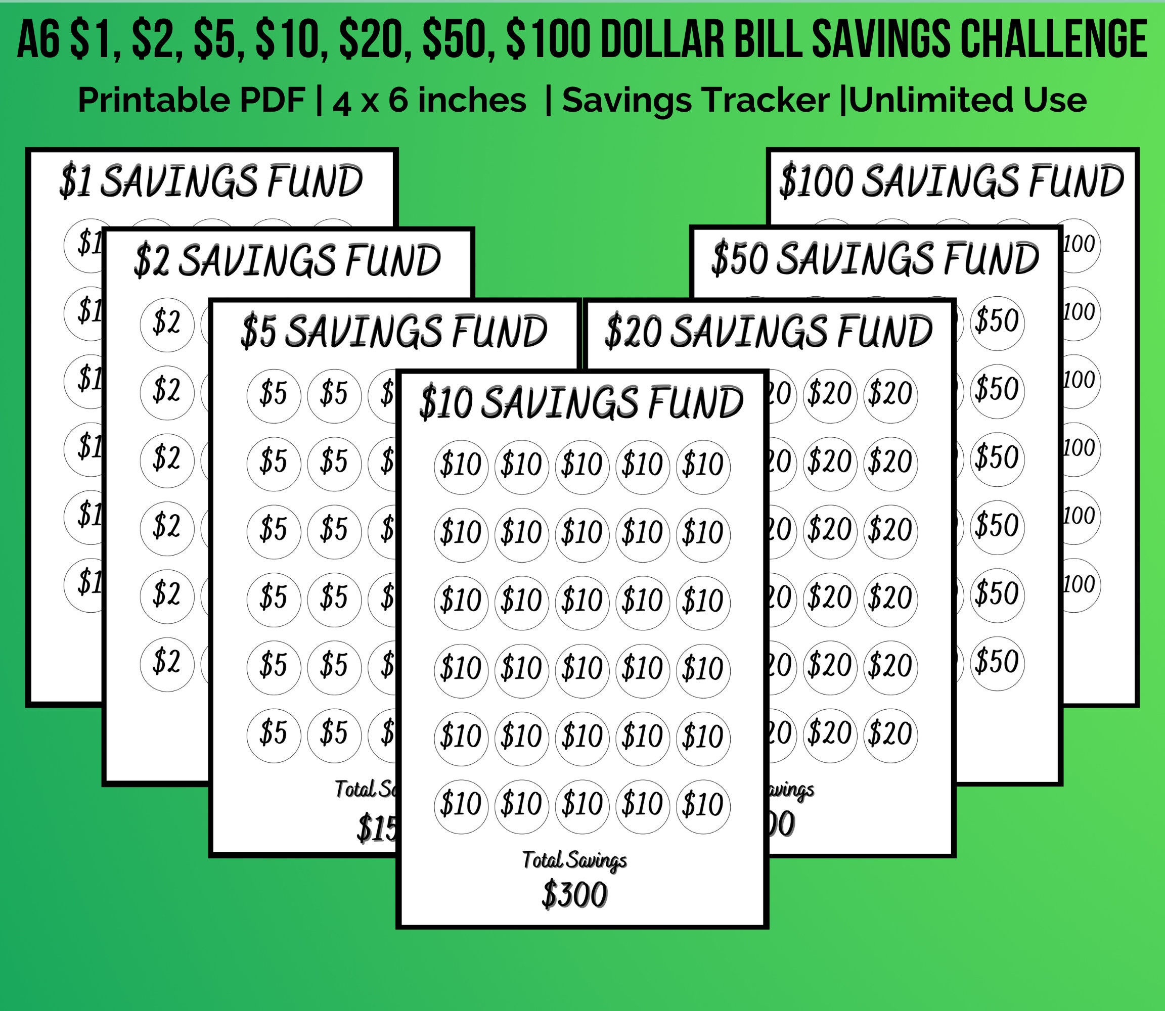 1, 2, 5, 10, 20, 50, & 100 Dollar Bill Savings Challenge Printable | 7 ...