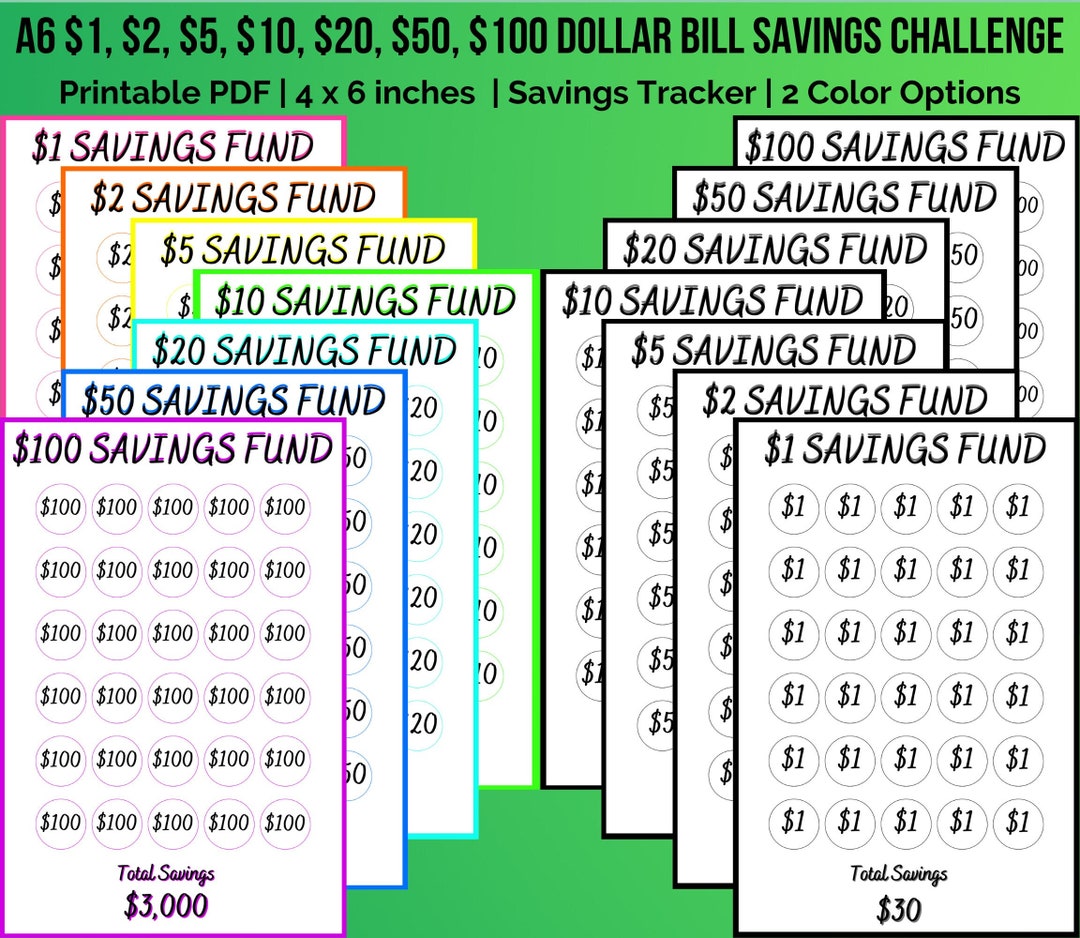 1, 2, 5, 10, 20, 50, & 100 Dollar Bill Savings Challenge Printable | 7 ...