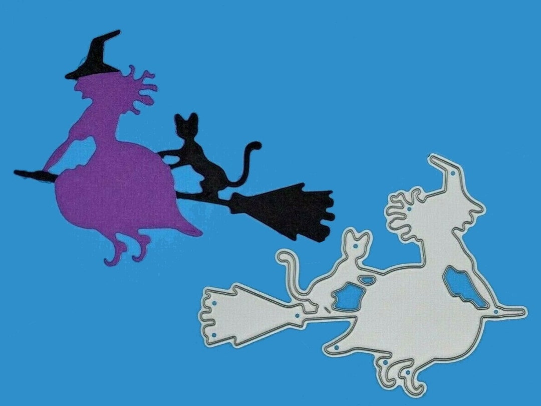Halloween Witch & Cat on Broomstick Metal Cutting Die, Stencils, Card ...