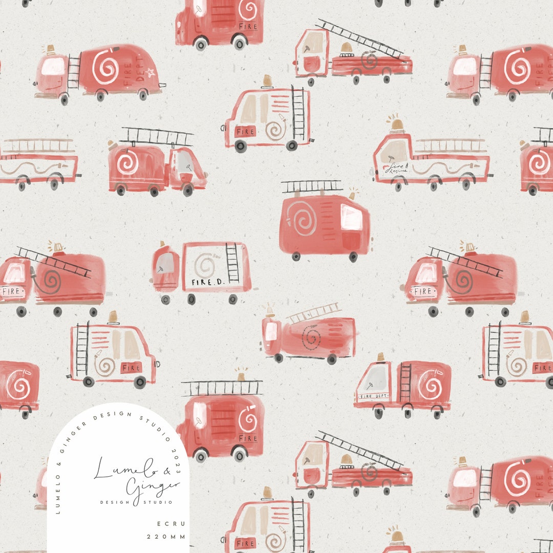 Etched Neenaw Fire Engines, Rescue, Boy, Outline Seamless Fabric Design ...