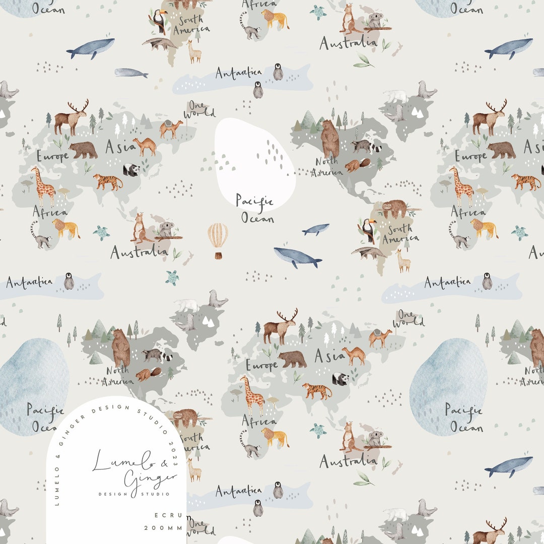 One World Map Seamless Fabric Design, Animal, Globe, Repeat Tile ...