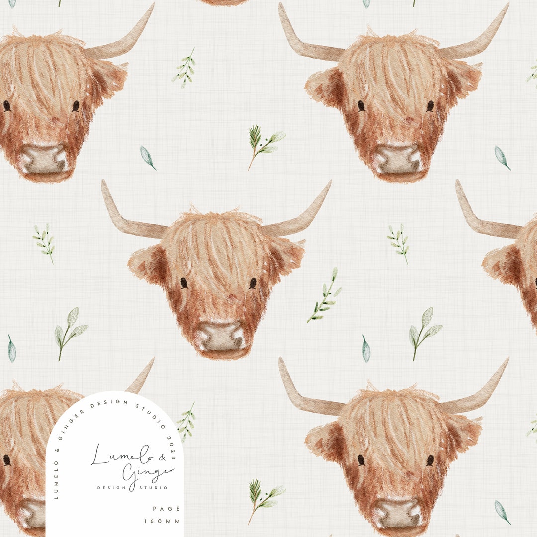 Highland Cow, Hewie, Animal Head, Scottish, Seamless Fabric Design ...