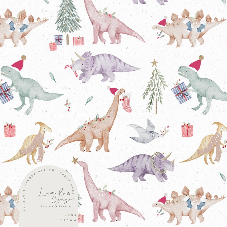 Christmas Dinosaur, T-rex, Stegosaurus, Presents, Seamless Fabric ...