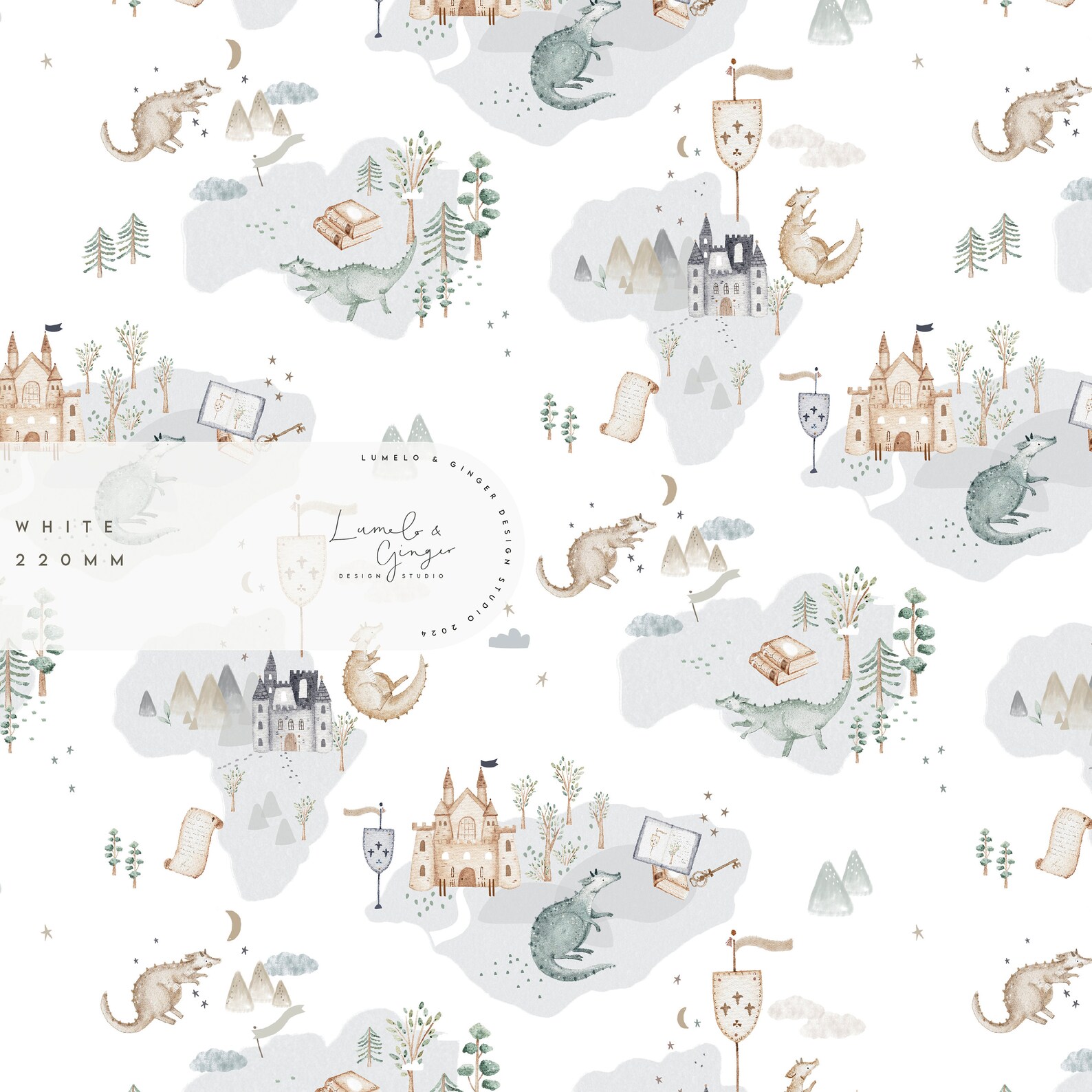 Vale, Dragon Map, Castle, Knights, White Colurway, Children's Fashion ...