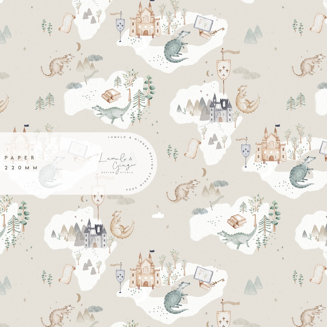 Vale, Dragon Map, Castle, Knights, White Colurway, Children's Fashion ...