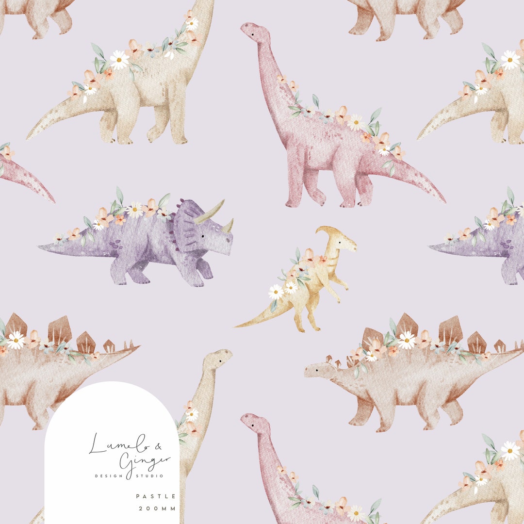 Floral Dinosaur, Pretty, T-rex, Stegosaurus, Seamless Fabric Design ...