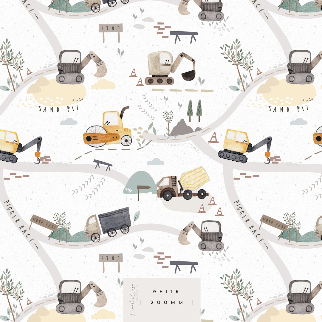 Trip to Digger, Diggers, Excavator, Land, Tipper, Truck Seamless Fabric ...