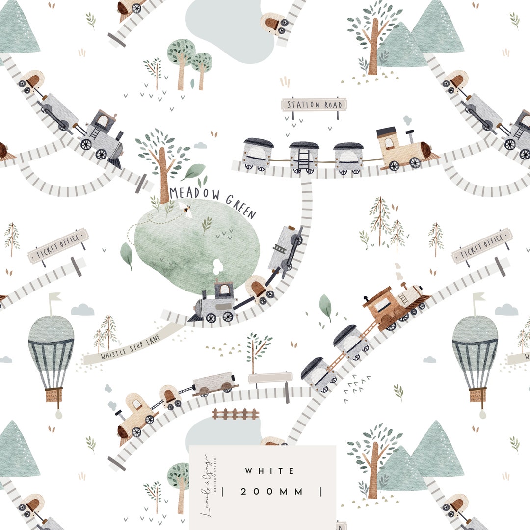 Trip on the Train, Map, Sight Seeing, Land, Map Seamless Fabric Design, Repeat Tile, Pattern ...