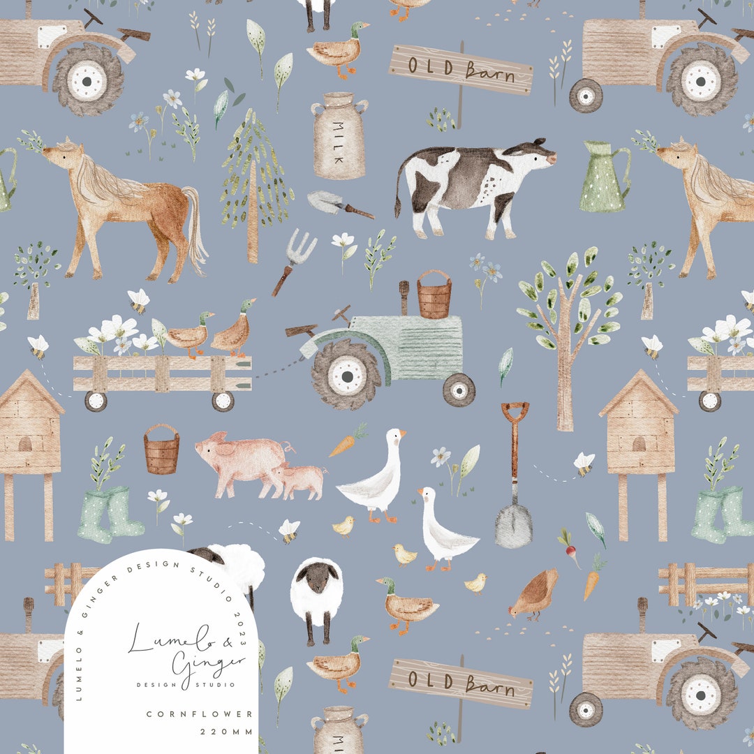 Spring at Gingers Farm, Meadow, Pig, Cow, Map, Seamless Fabric Design ...