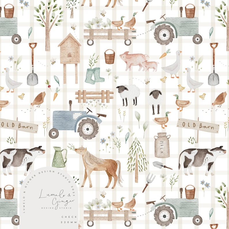 Spring at Gingers Farm, Meadow, Pig, Cow, Map, Seamless Fabric Design ...