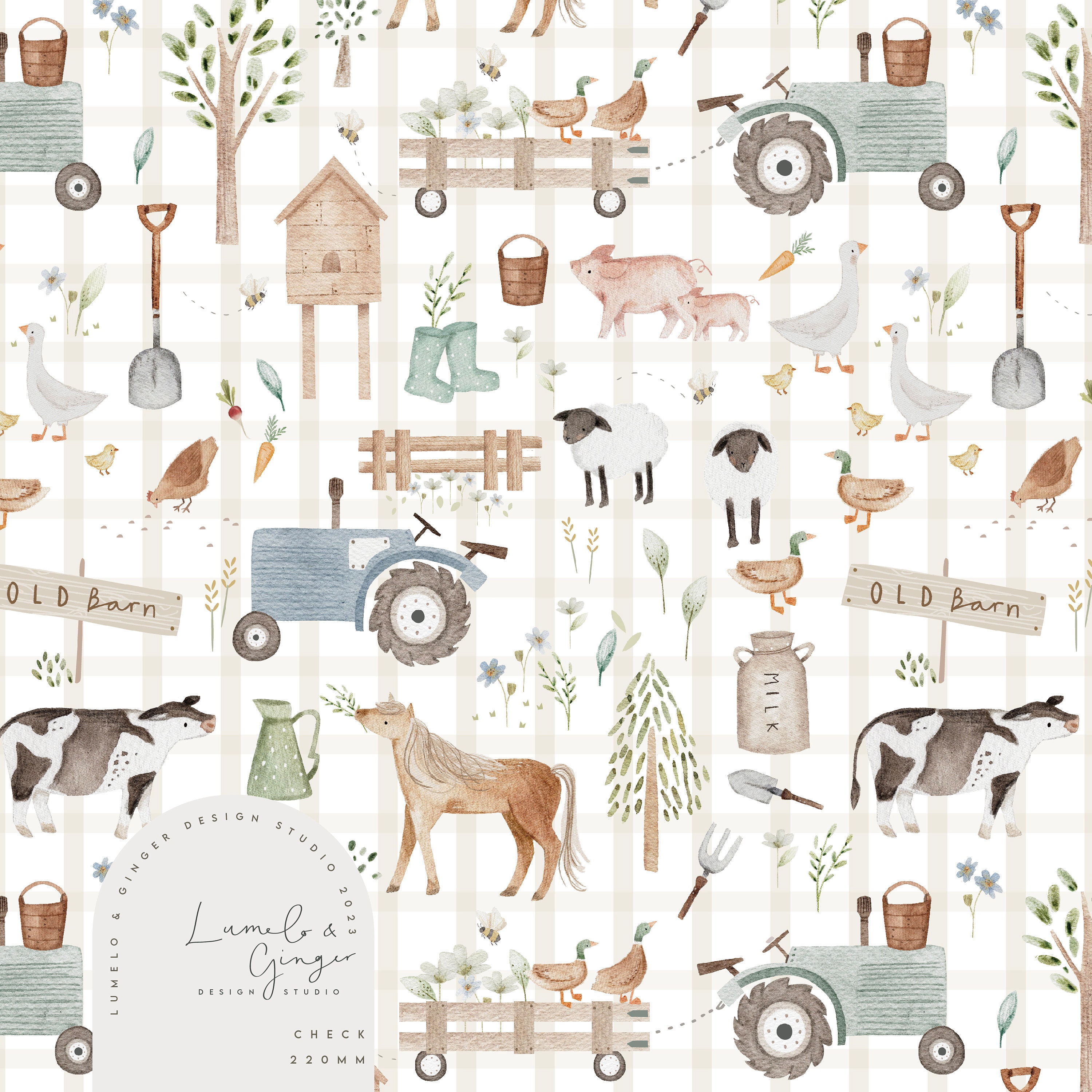 Spring at Gingers Farm, Meadow, Pig, Cow, Map, Seamless Fabric Design ...