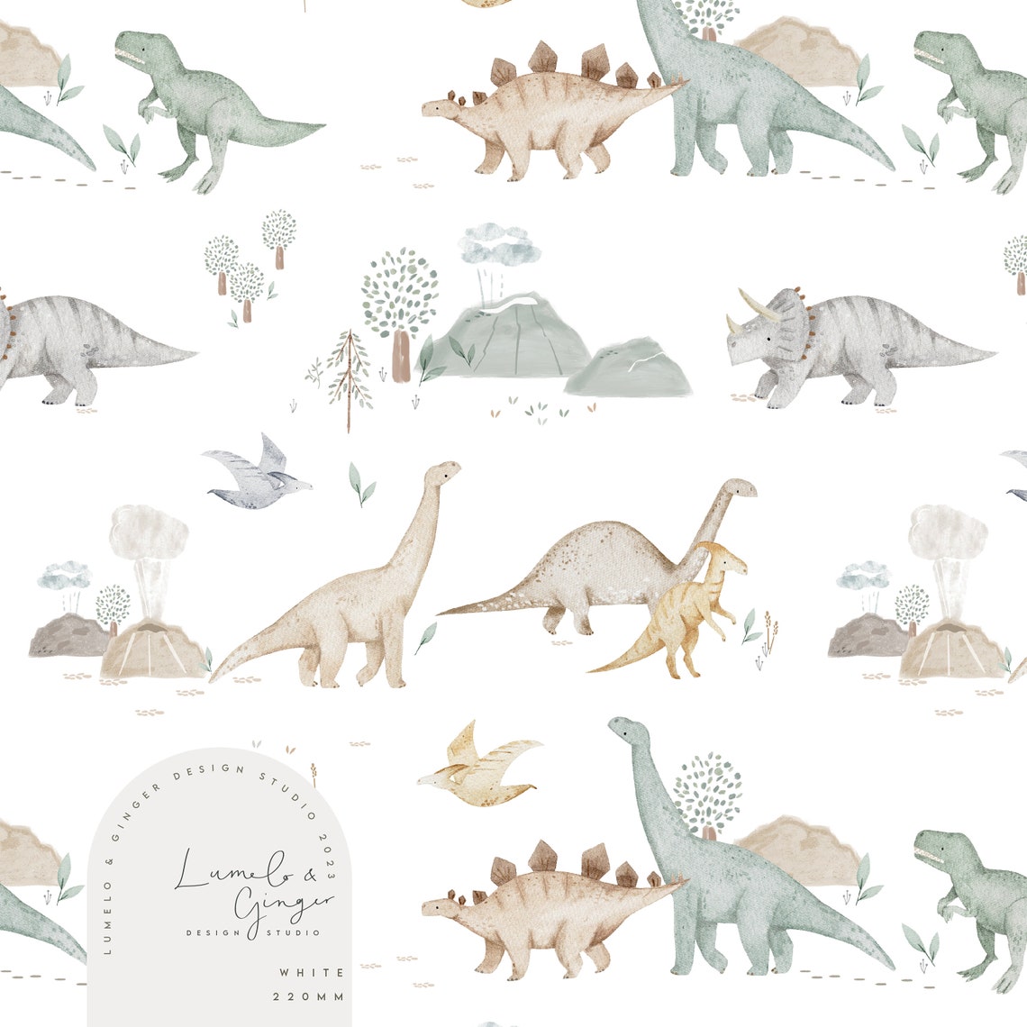 Dinosaur, Era, T-rex, Stegosaurus, Volcano, Adventure, Seamless Fabric ...