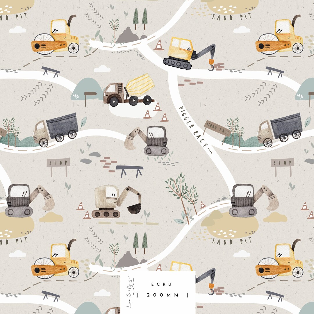 Trip to Digger, Diggers, Excavator, Land, Tipper, Truck Seamless Fabric ...