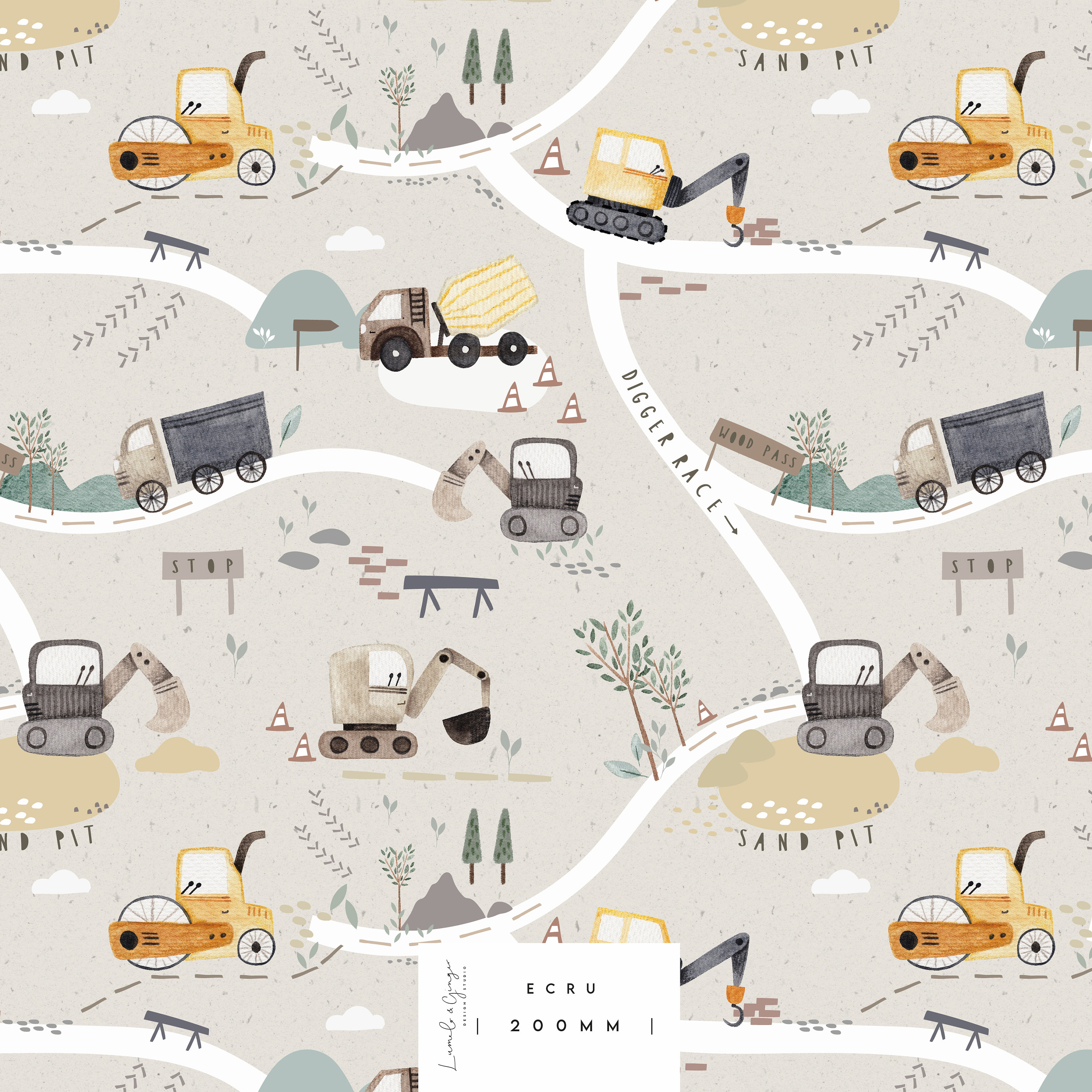 Trip to Digger, Diggers, Excavator, Land, Tipper, Truck Seamless Fabric ...