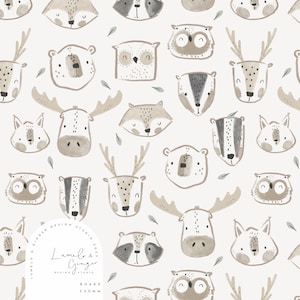 Tete, Etched Animal Heads, Woodland, Cute, Bear, Outline Seamless ...