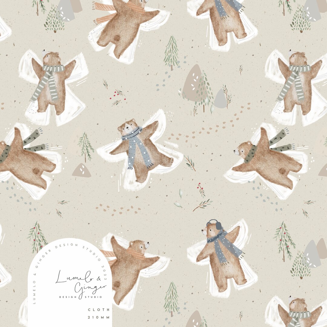 Snow Angels, Winter, Christmas Bears Seamless Fabric Design, Repeat ...