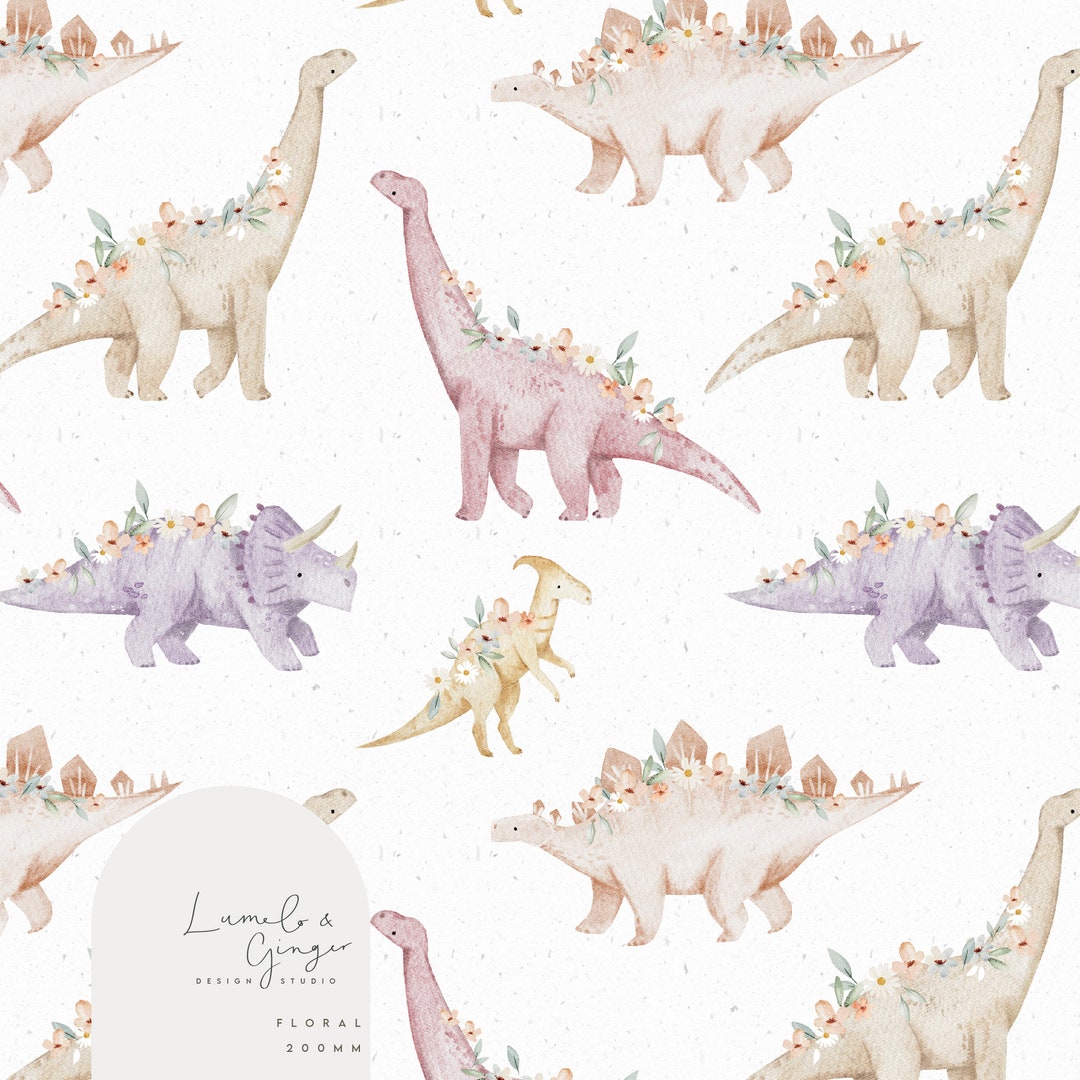 Floral Dinosaur, Pretty, T-rex, Stegosaurus, Seamless Fabric Design ...