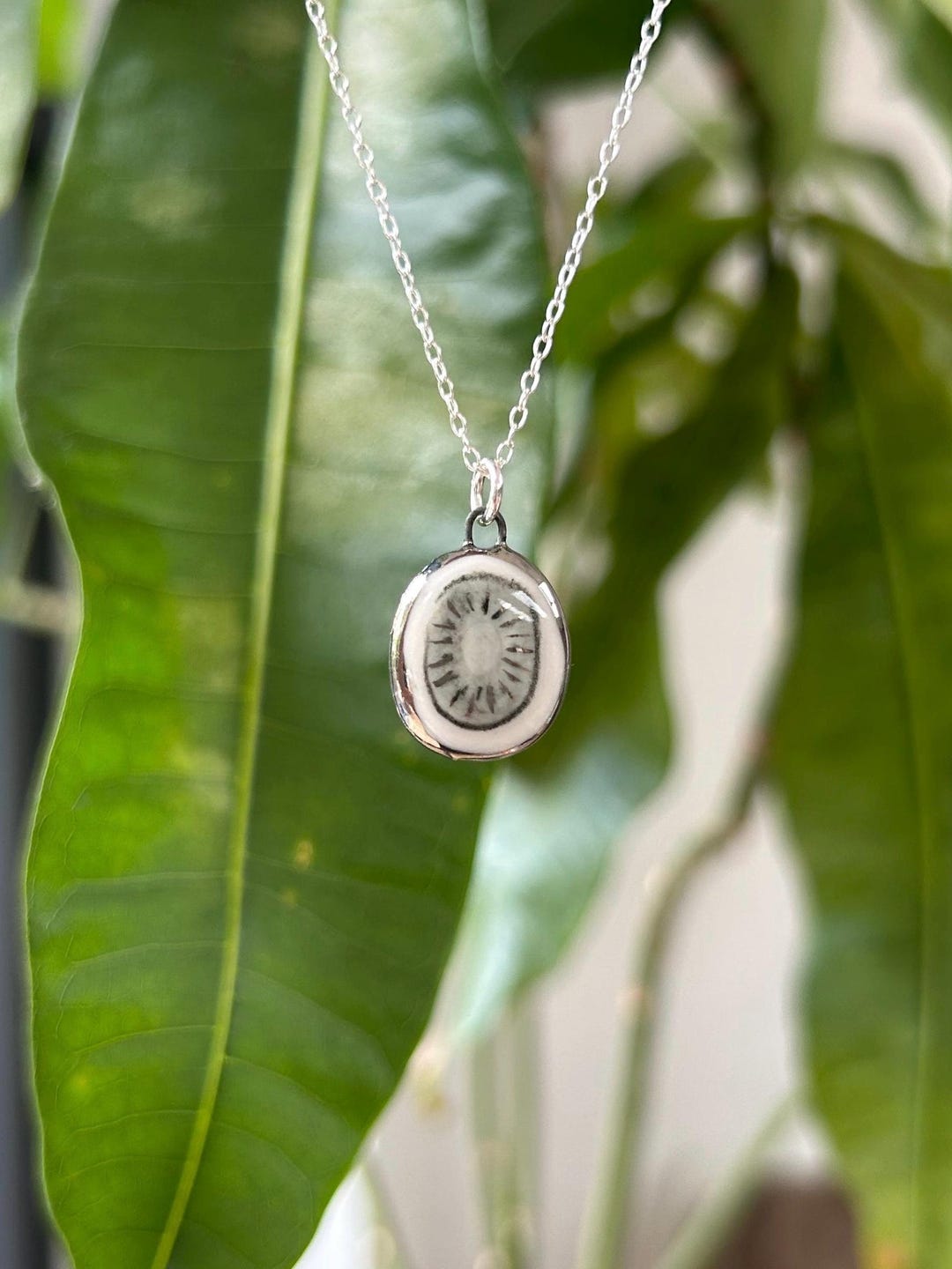 Hand-sculpted Porcelain Kiwi Pendant: Platinum Lustre Ceramic Necklace ...