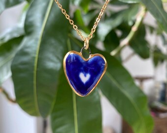Hand-sculpted Porcelain Blue Heart Pendant: 24k Gold Lustre Ceramic ...