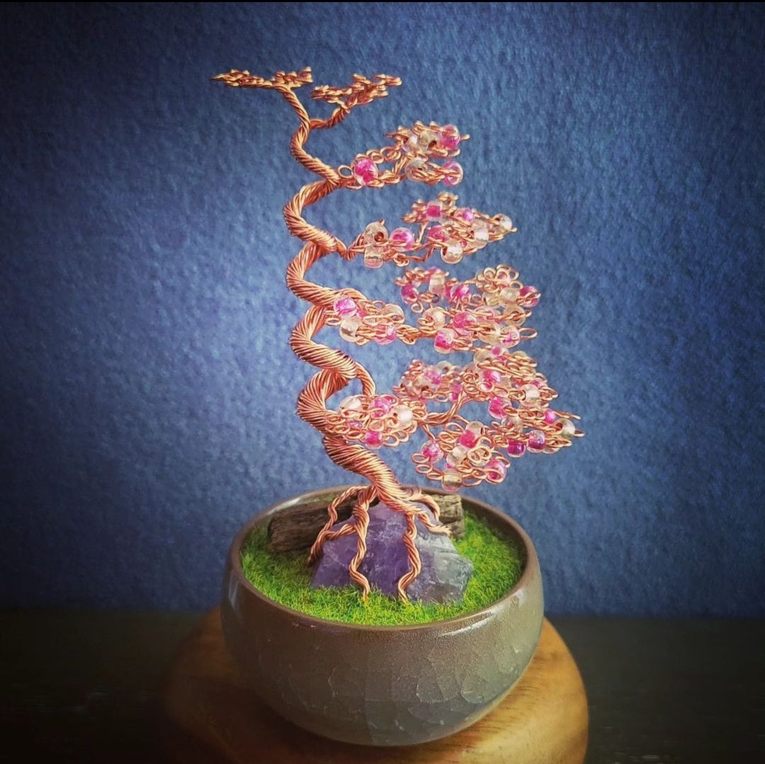 Mini Wire Cherry Blossom Bonsai Tree Set on Amethyst and Wood - Etsy