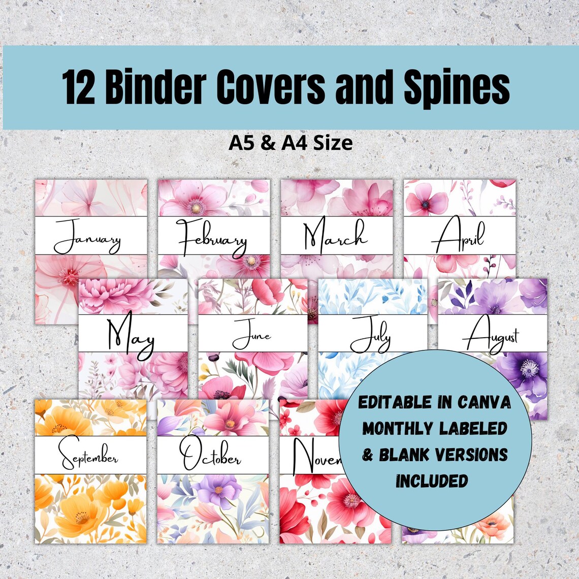 12 Editable Binder Covers and Spines, Printable Monthly Planner Cover ...