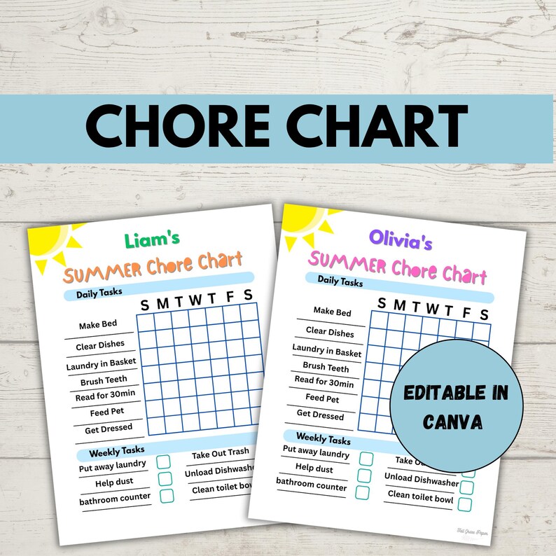Summer Chore Chart for Kids, Kids Daily Chore Planner, Printable Weekly ...