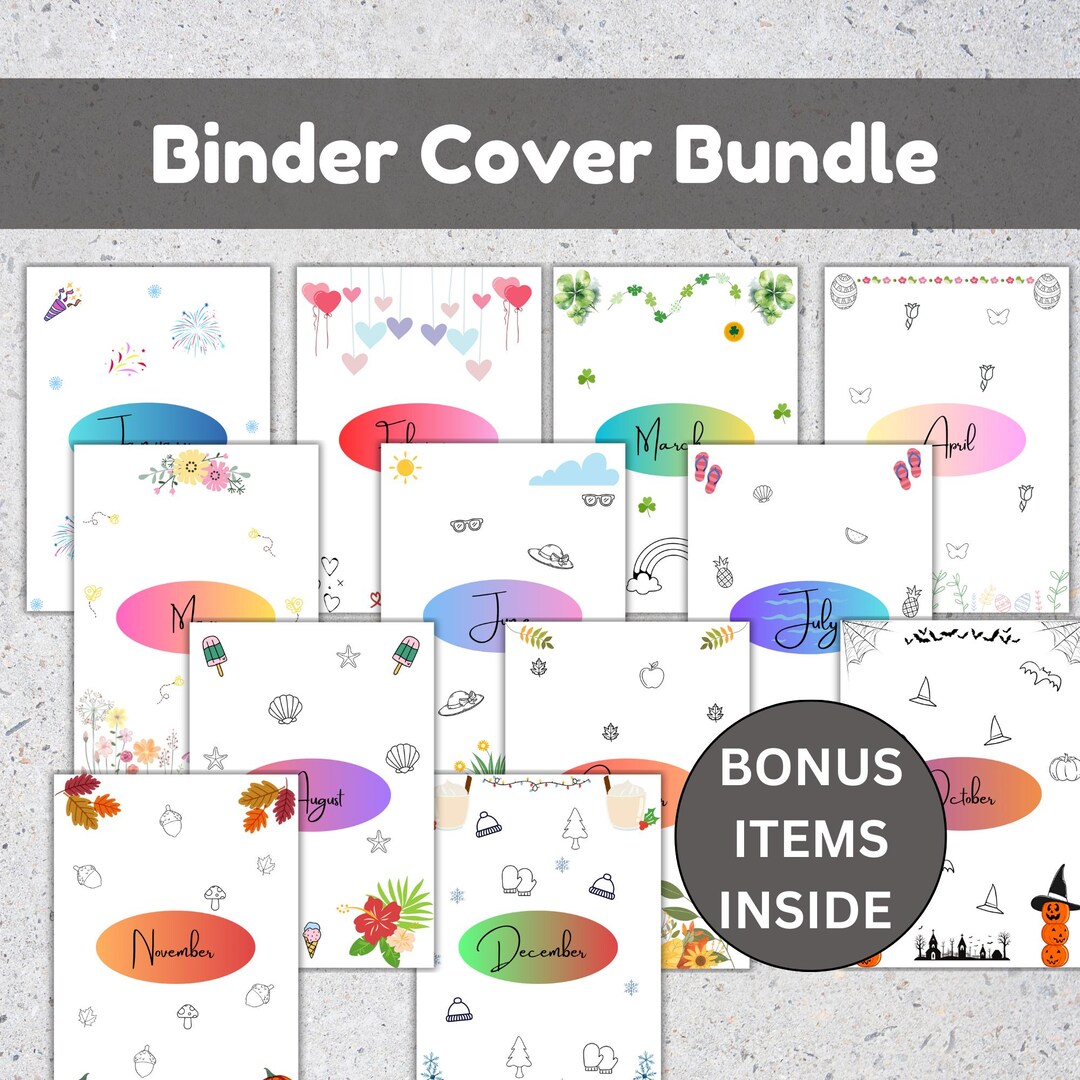 12 Monthly Binder Covers and Spines, Printable Monthly Journal Pages ...