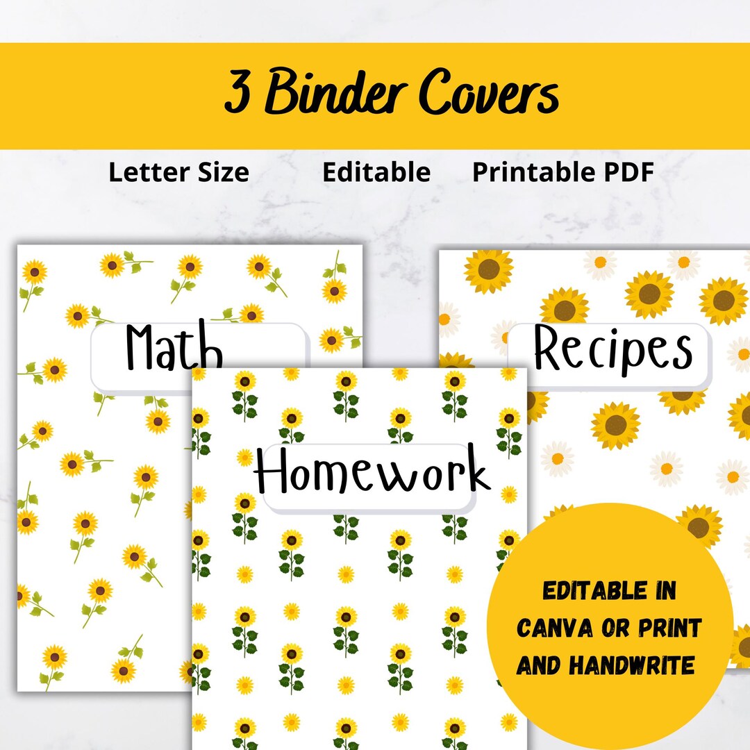 3 Binder Cover and Spine Printables, Editable Canva Template, Sunflower ...