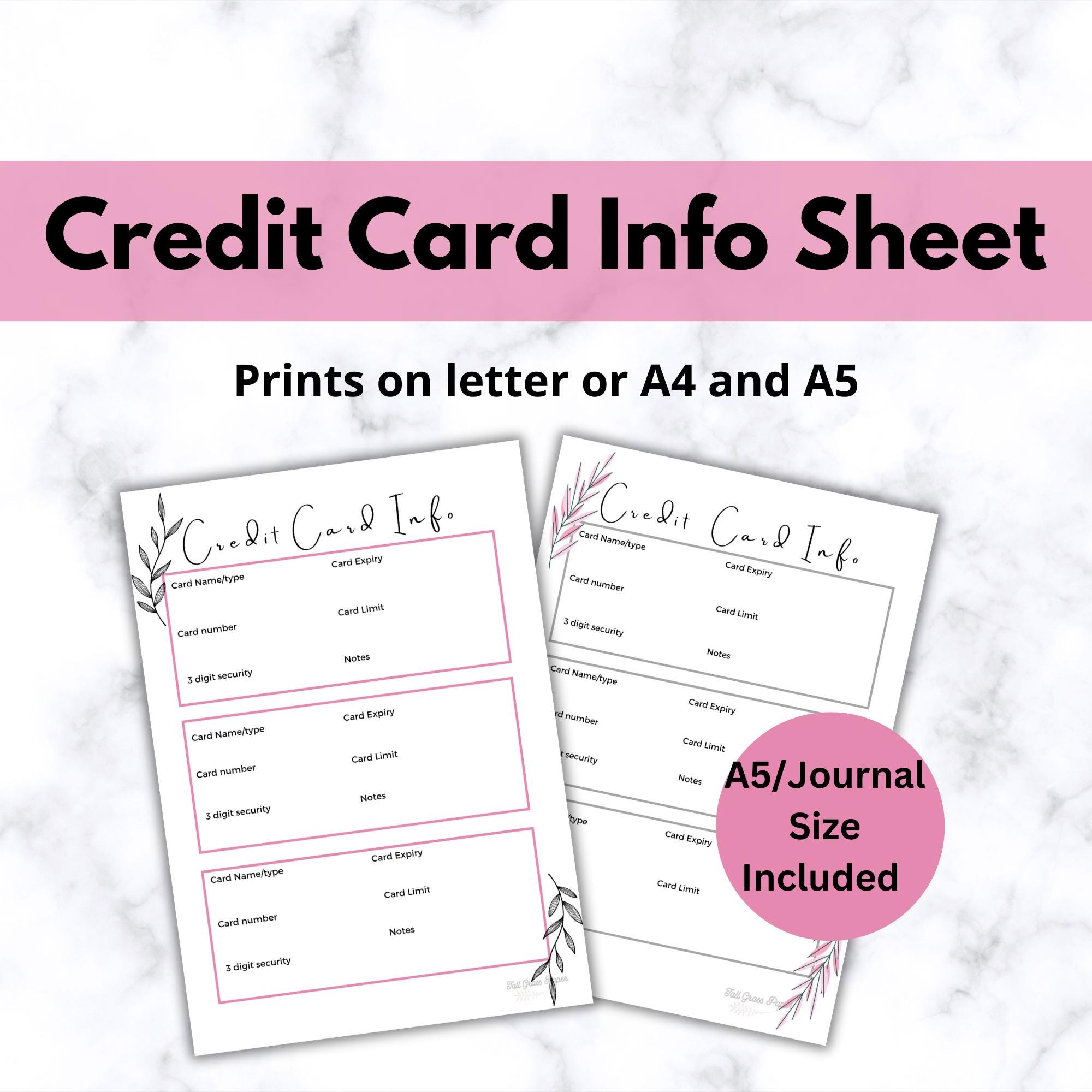 Credit Card Information Sheet Printable Journal Page, Financial Binder ...