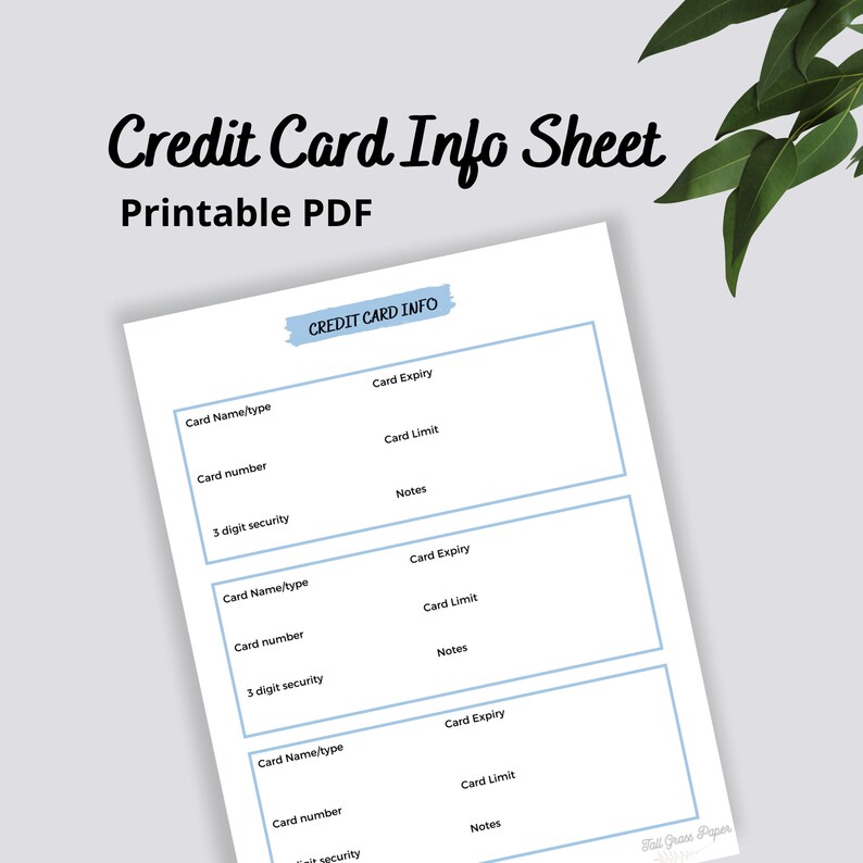 Credit Card Information Sheet PDF Printable Template Home Management ...